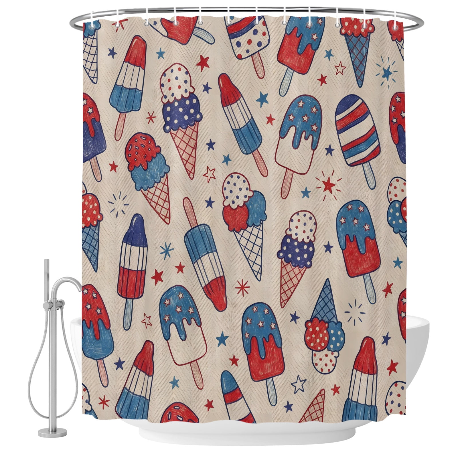 Blue Red Ice Cream Shower Curtain Set - Long 72" x 84" Washable Bathtub ...