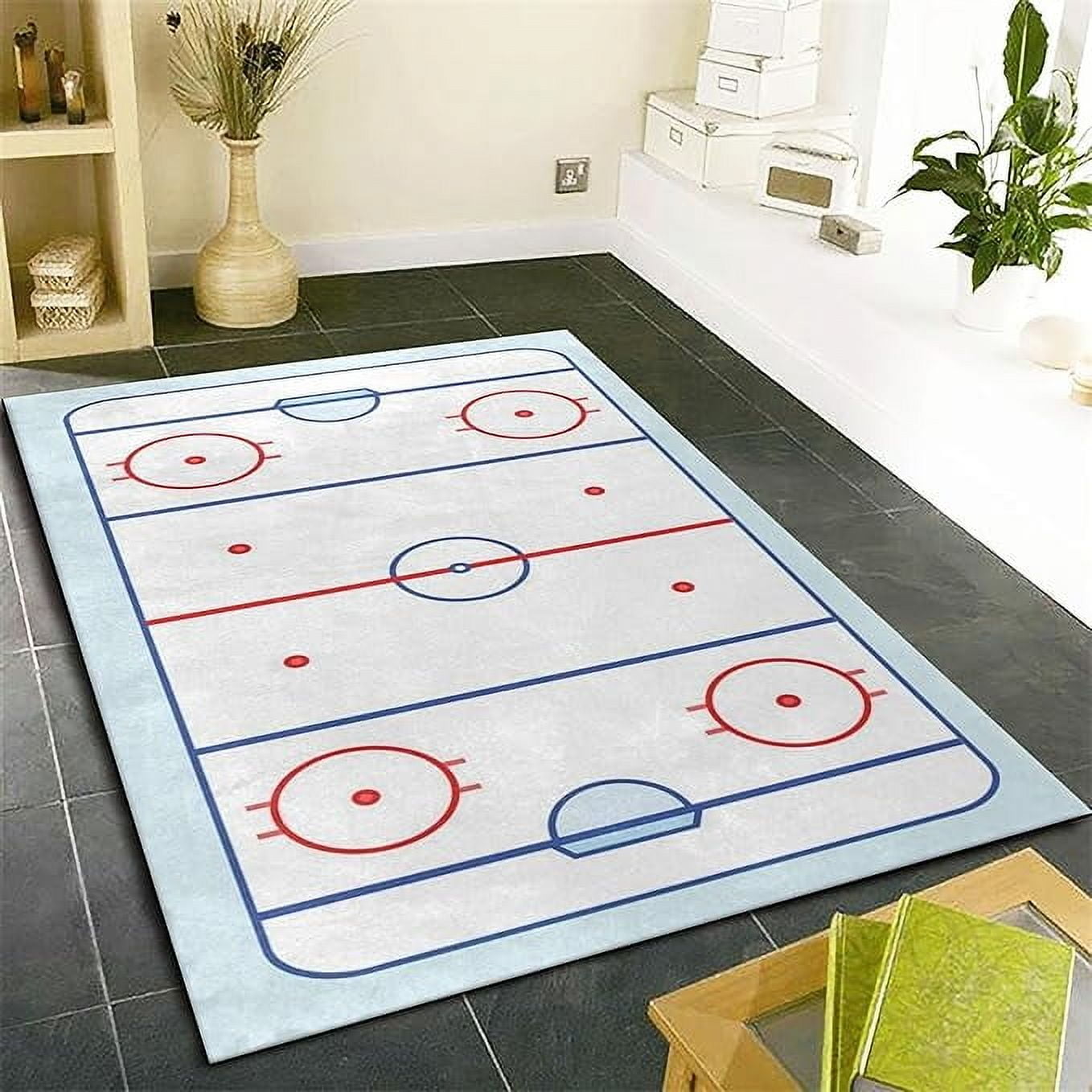 Blue Red Ice Hockey Rink Kids Rug, Sports Field Indoor Area Rugs, With ...