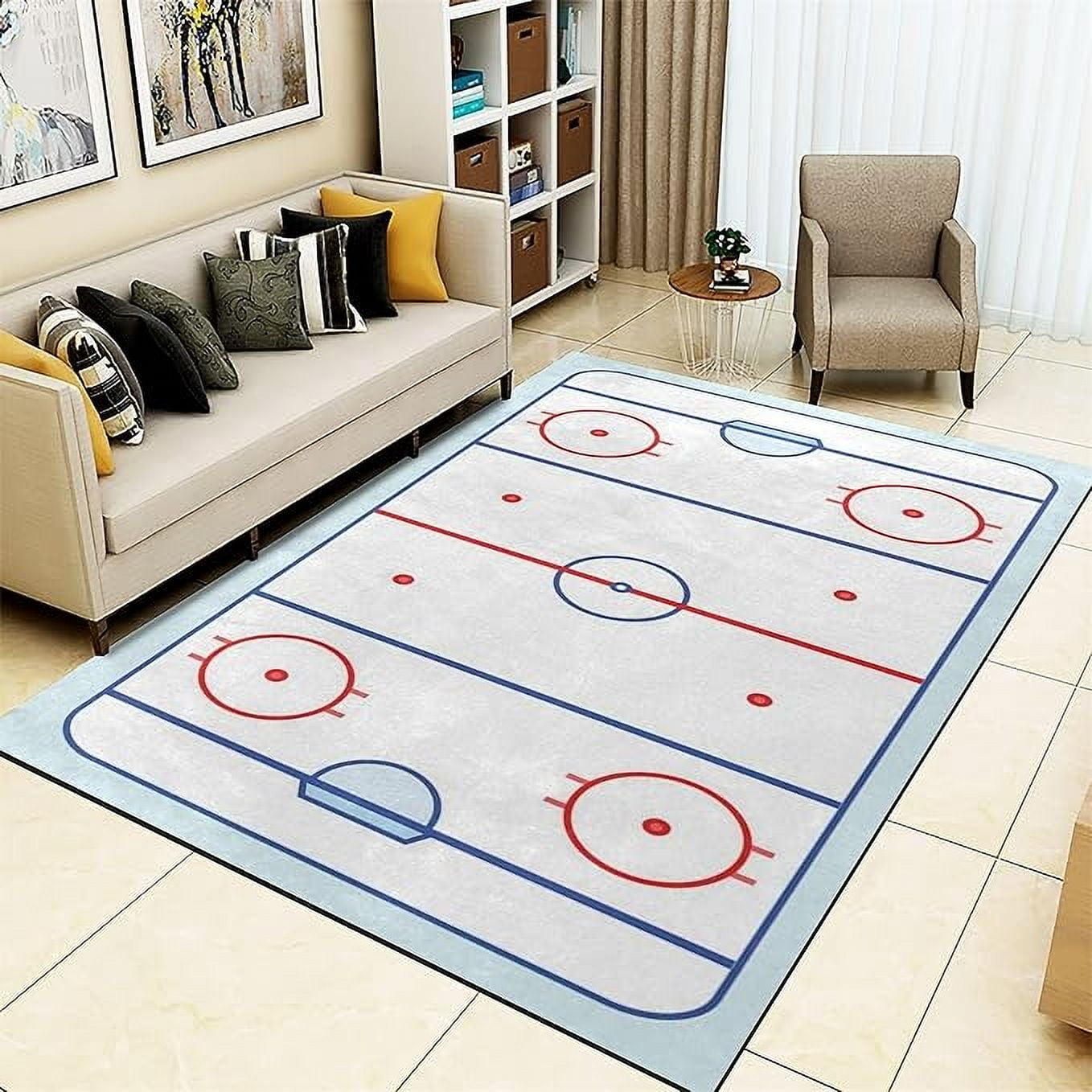 Blue Red Ice Hockey Rink Kids Rug, Sports Field Indoor Area Rugs, With ...