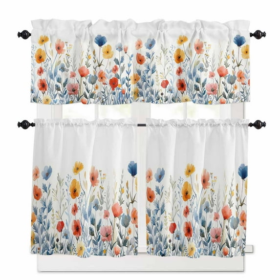 Blue Red Kitchen Curtains Valances and Tiers Set of 3, 36 Inch Length ...
