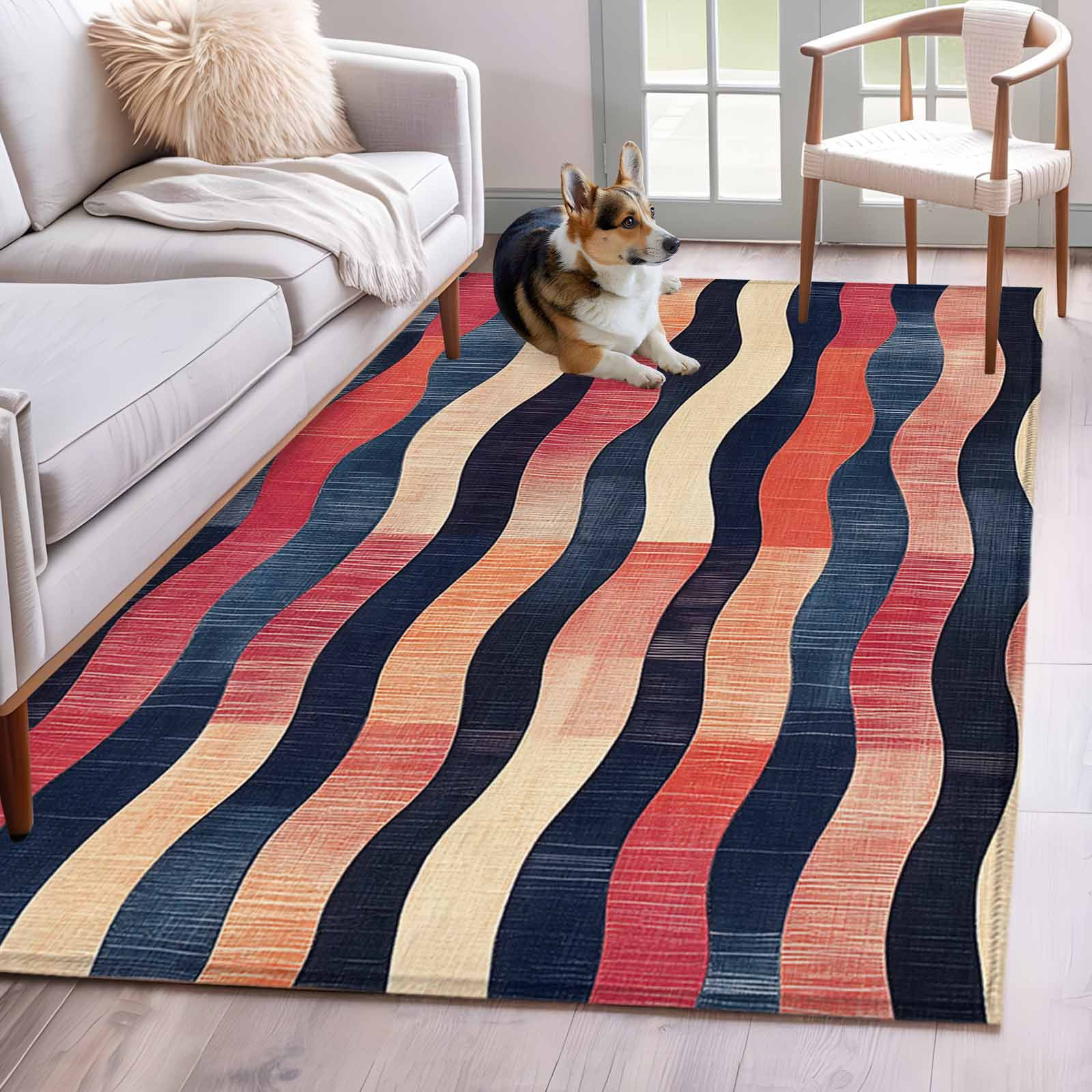 Blue Red Moire Area Rug 4x6 Washable Rug Non Slip Color Block Modern ...