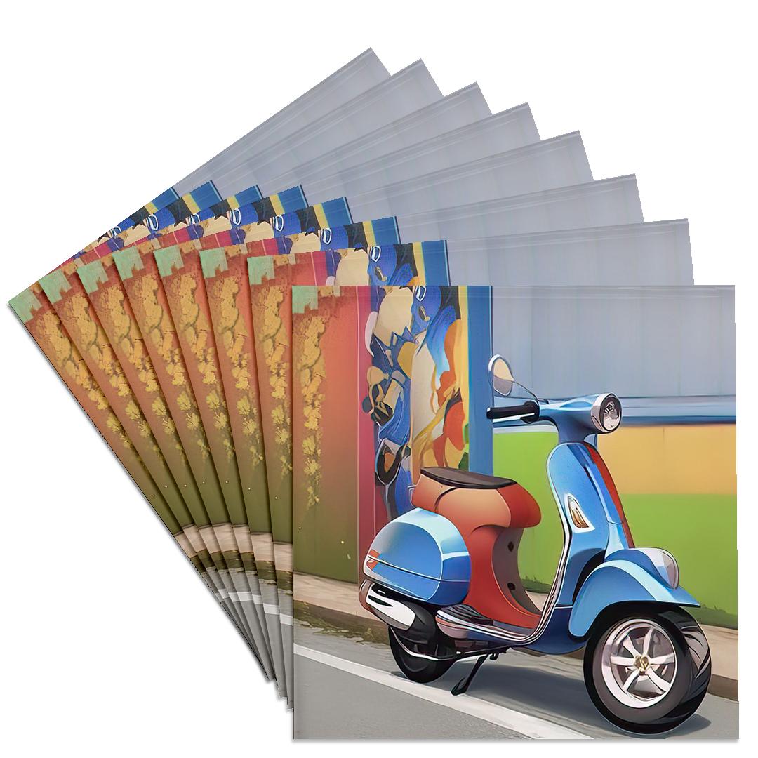 3drose, Blue, Red Motor Scooter Stands by the Colorful Wall of a ...