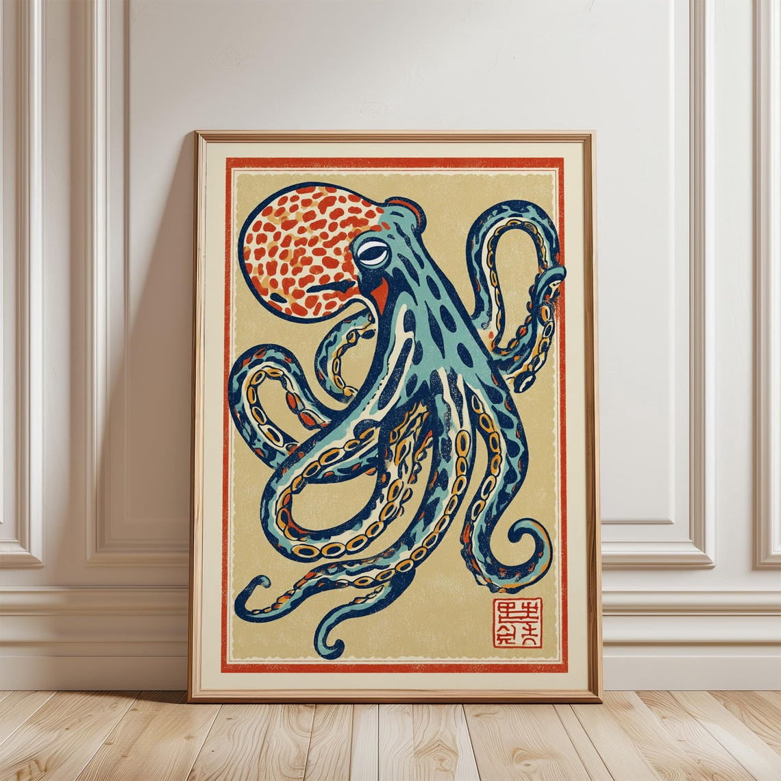 Blue Red Octopus Japanese Folk Linocut Illustration Marine Wall Art ...