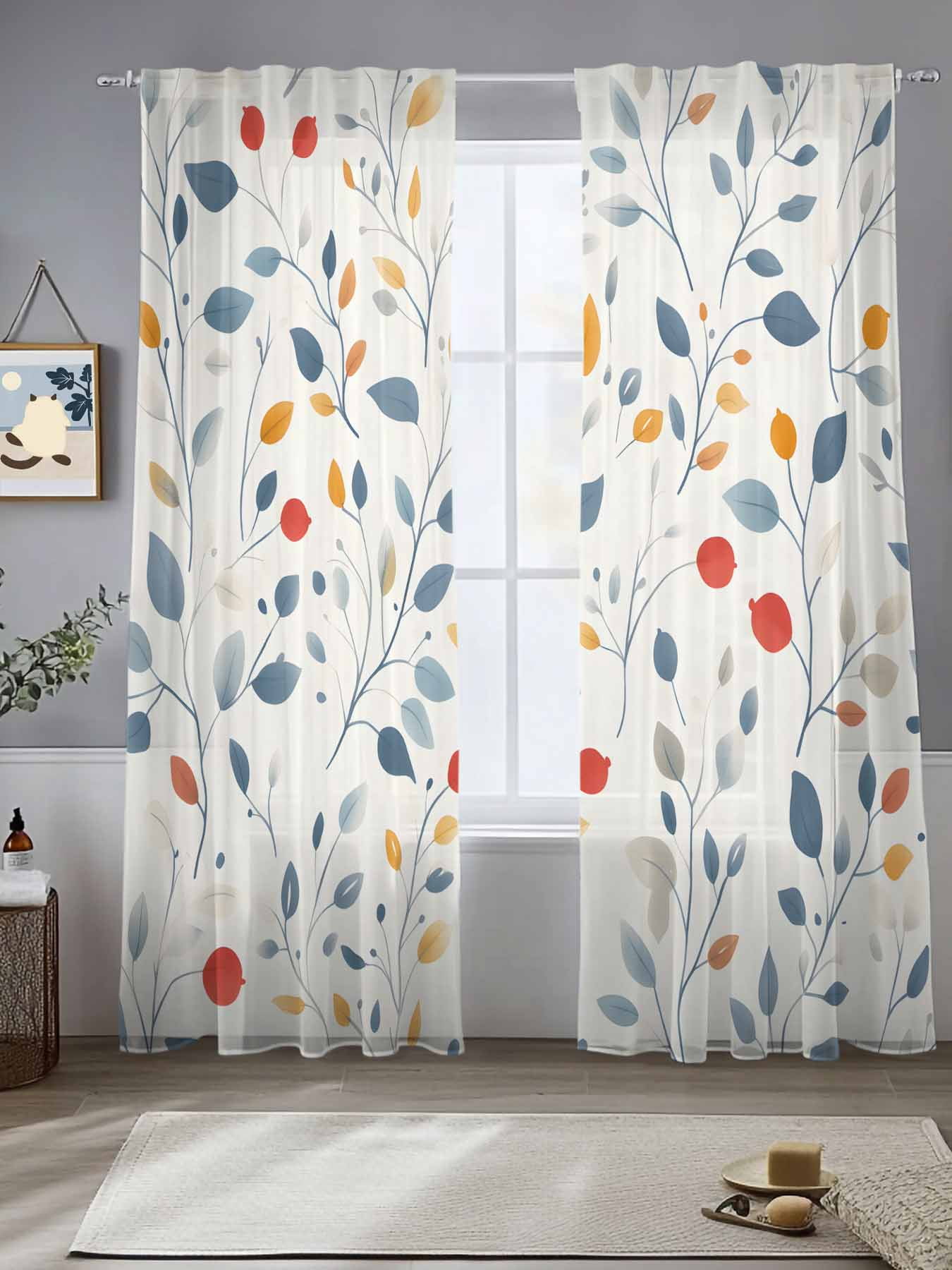 Blue Red Orange Floral Spring Sheer Curtains for Living Room Bedroom ...
