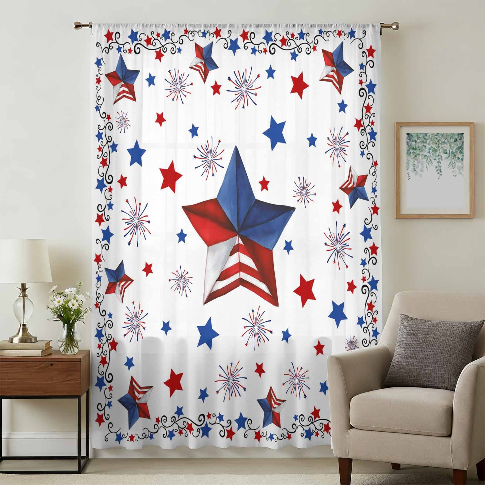 Blue Red Pentagram Sheer Curtains 63 Inches Long, Independence Day ...