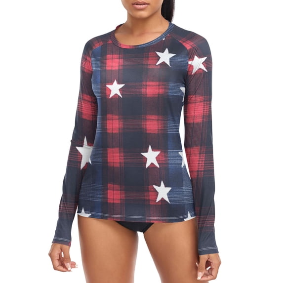 Blue Red Plaid with Stars Women's Rash Guard Shirts UPF 50+ Sun ...