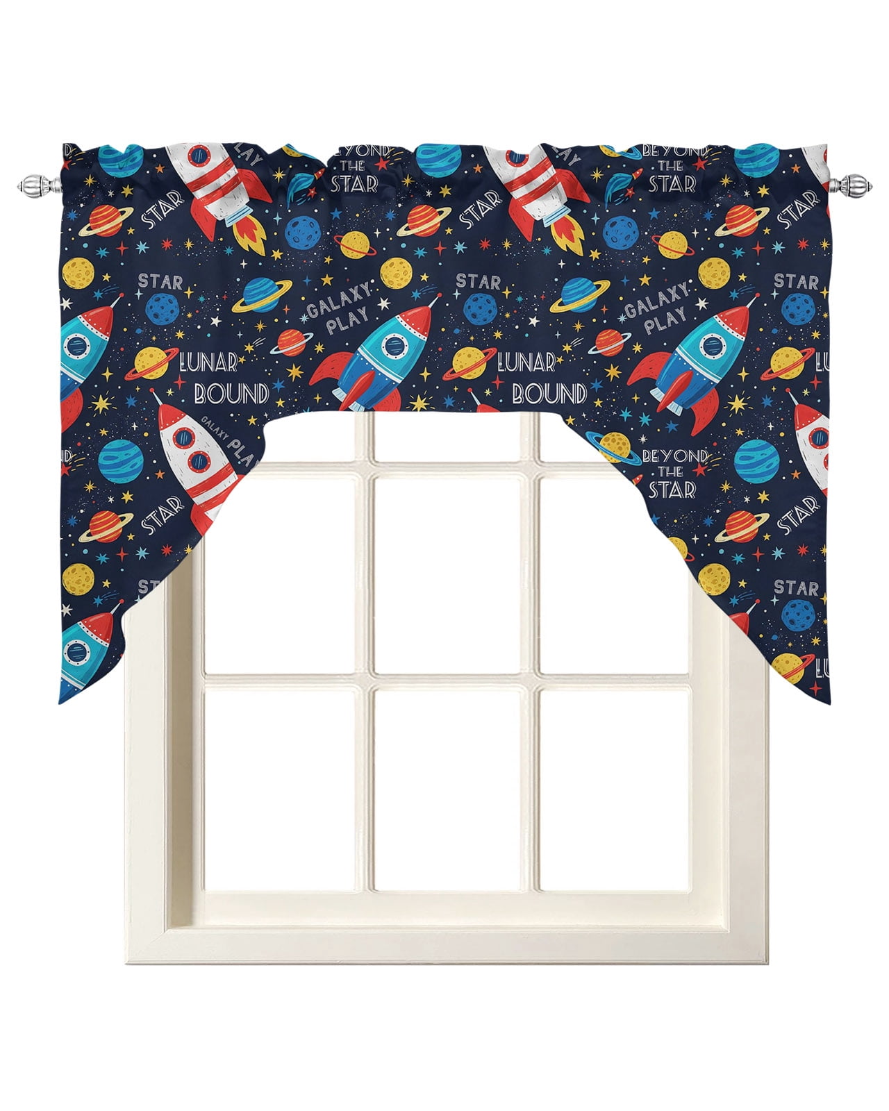Blue Red Rocket Kitchen Swag Valances for Windows, Cartoon Stars Modern ...