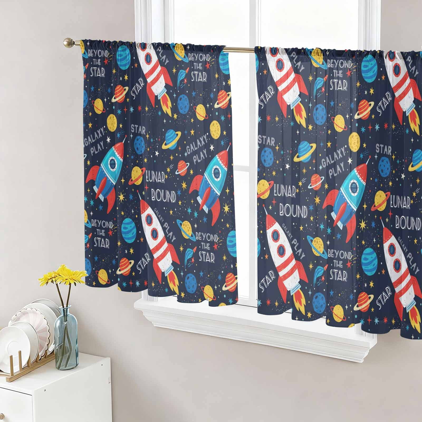 Blue Red Rocket Sheer Curtains for Living Room Bedroom Cartoon Stars ...