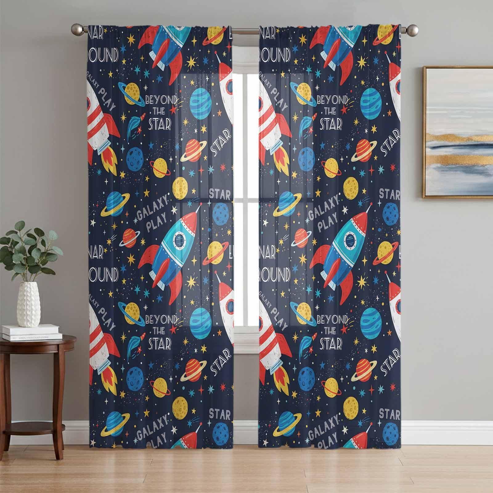 Blue Red Rocket Sheer Curtains for Living Room Bedroom Cartoon Stars ...