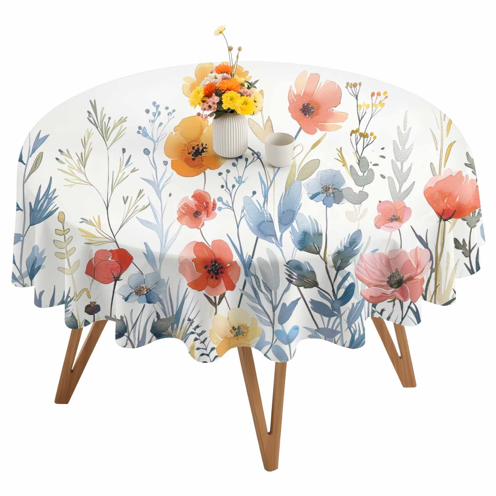 Blue Red Round Tablecloth 60 inches and Yellow Poppy Watercolor Floral ...