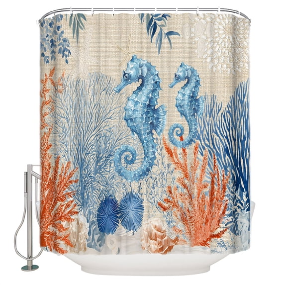 Blue Red Seahorse Coastal Bathroom Shower Curtains with 12 Hooks ...