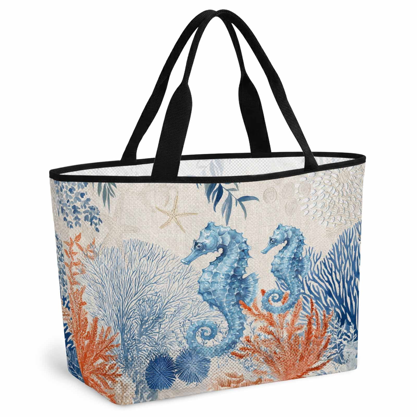 Blue Red Seahorse Coastal Beach Bag for Women, Large Breathable Mesh ...