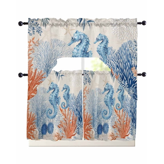 Blue Red Seahorse Coastal Kitchen Curtains Sets 36 Inch Length with ...