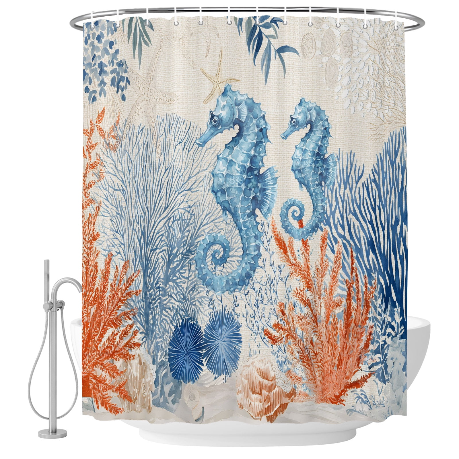 Blue Red Seahorse Coastal Shower Curtain Set - 48" x 72" Washable ...