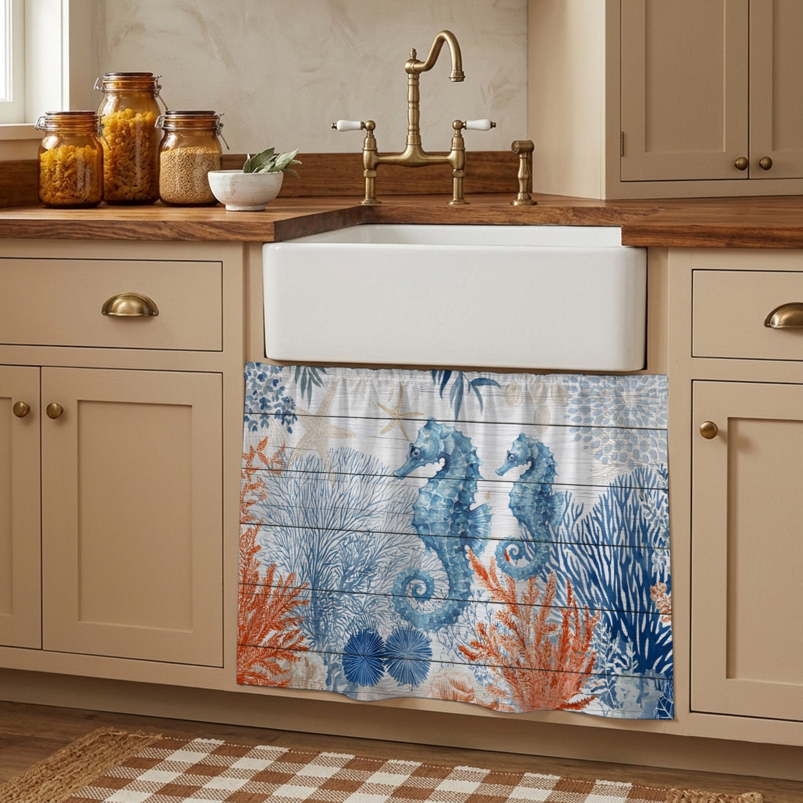 Blue Red Seahorse Coastal Small Cabinet Curtains 11"W x 13"L, Summer ...