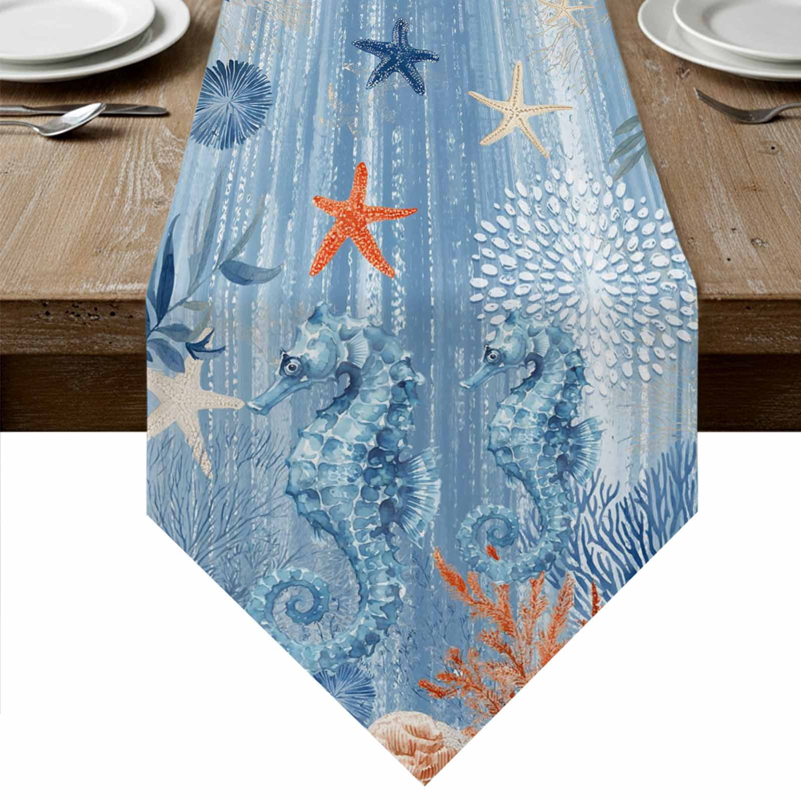 Blue Red Seahorse Coastal Table Runner Linen Burlap Table Runner 36 ...
