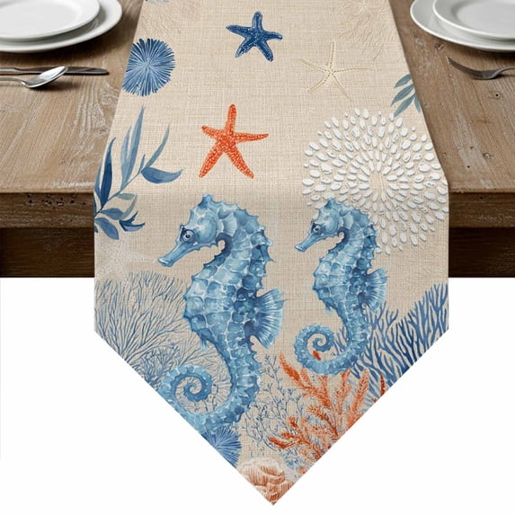 Blue Red Seahorse Coastal Table Runner Linen Burlap Table Runner 48 ...
