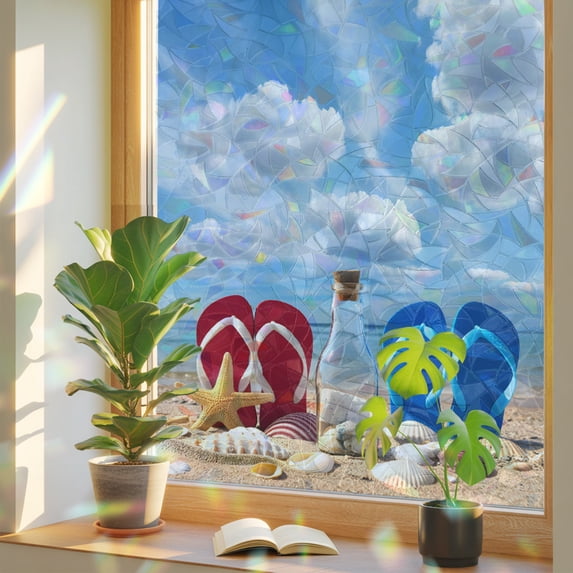 Blue Red Slippers Seaside Beach Window Privacy Film, Rainbow Film ...