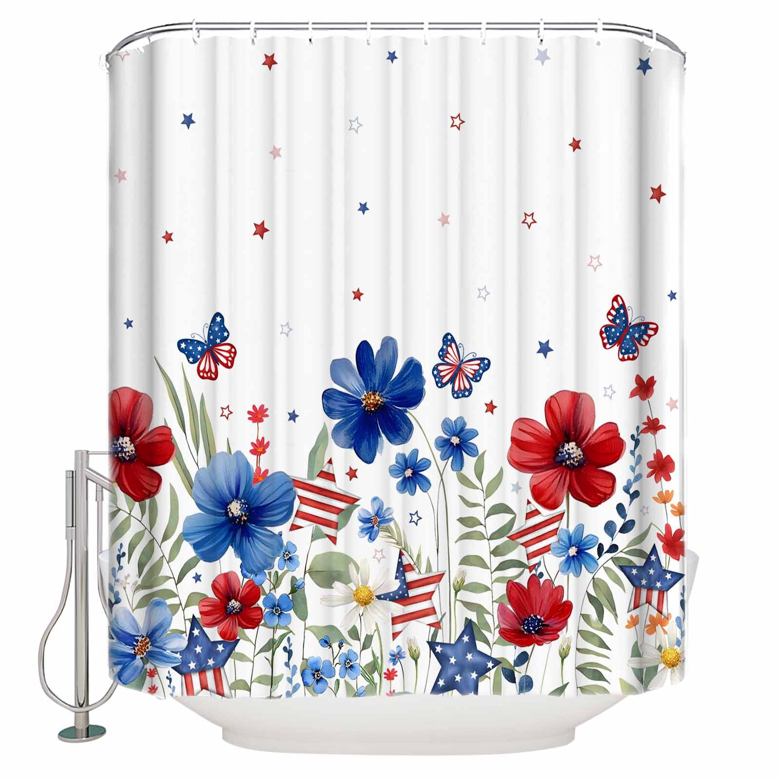 Blue Red Spring Floral Bathroom Shower Curtains with 12 Hooks Polyester ...