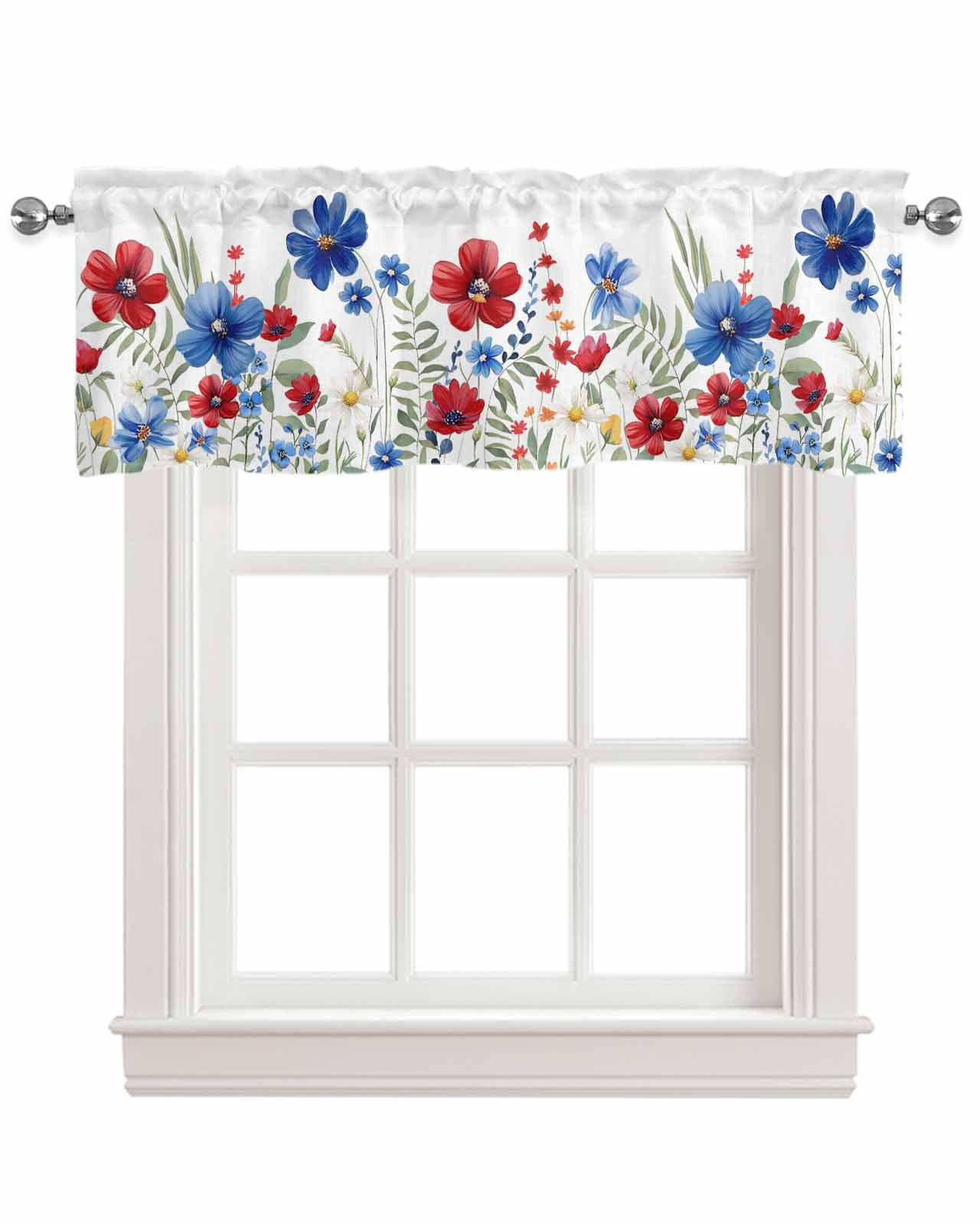 Blue Red Spring Floral Kitchen Valances for Windows Farmhouse Linen ...