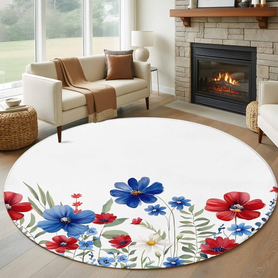 Blue Red Spring Floral Round Area Rug 6 FT, Non Slip Bedroom Rugs ...