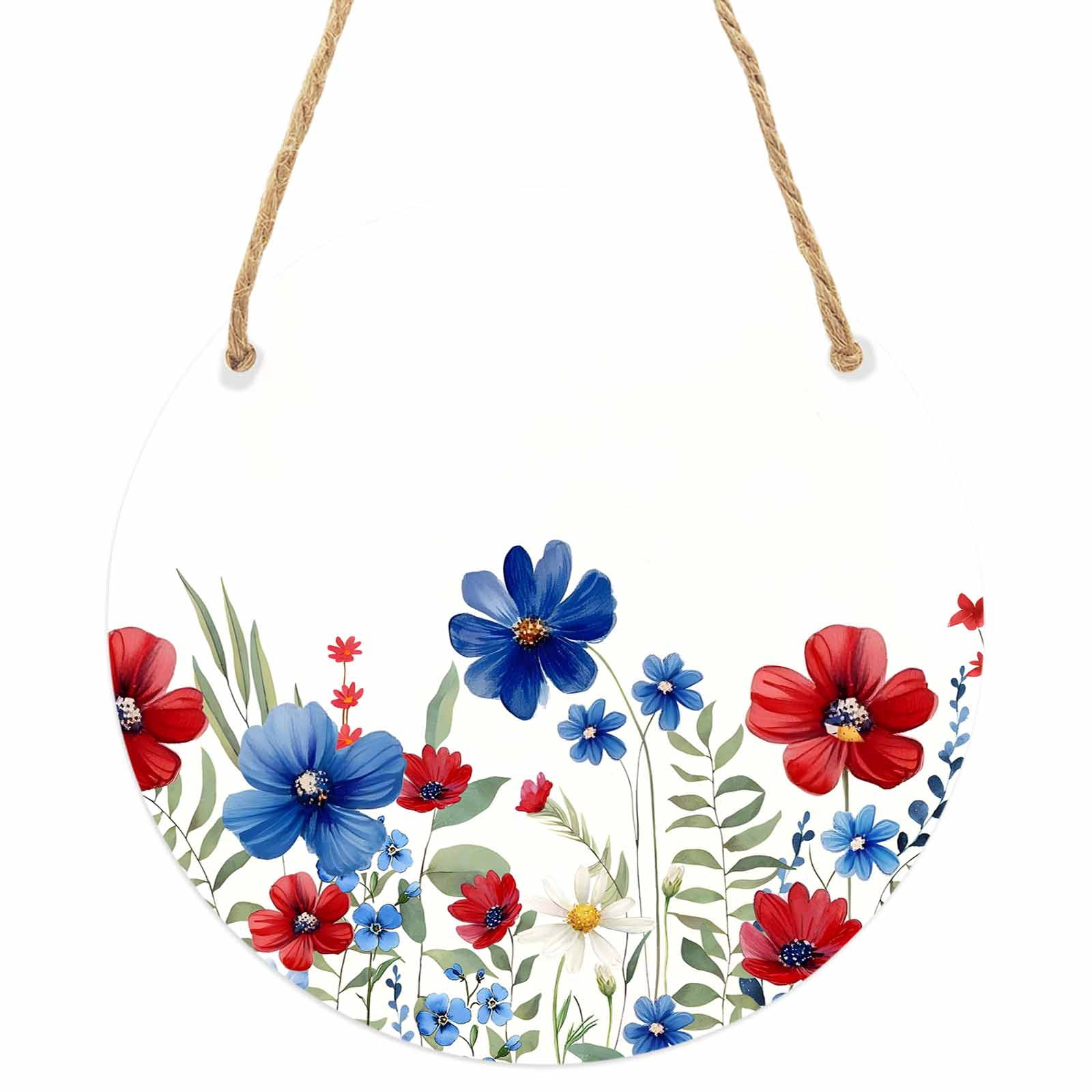 Blue Red Spring Floral Round Front Door Welcome Sign, 7.8 Inch Wall ...