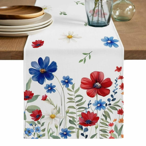 Blue Red Spring Floral Table Runner, Pastoral Flowers Watercolor ...