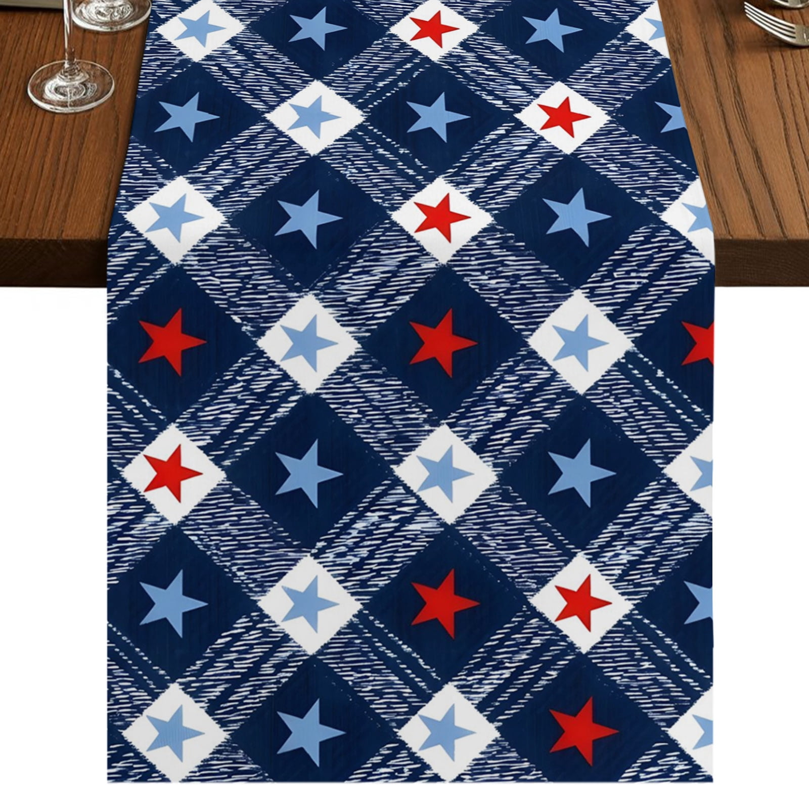 Blue Red Star Plaid Burlap Cotton Table Runner 13x60 Inches Long, Navy ...