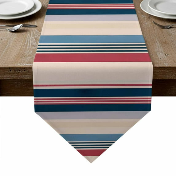 Blue Red Striped Table Runner Linen Burlap Table Runner 108 Inches Long ...