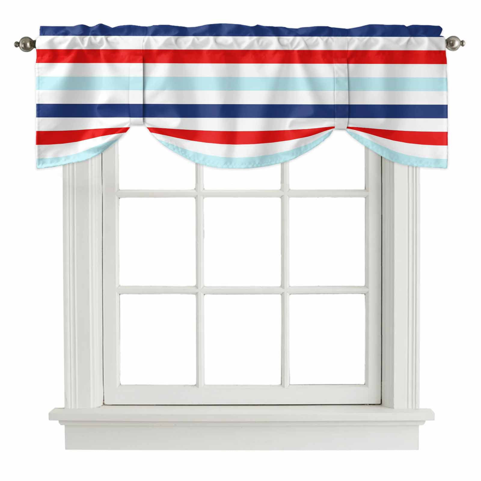 Blue Red Striped Tie Up Valance Curtains for Windows, Kitchen Curtains ...