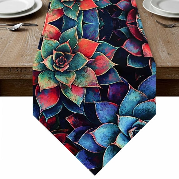 Blue Red Succulent Table Runner Linen Burlap Table Runner 70 Inches ...