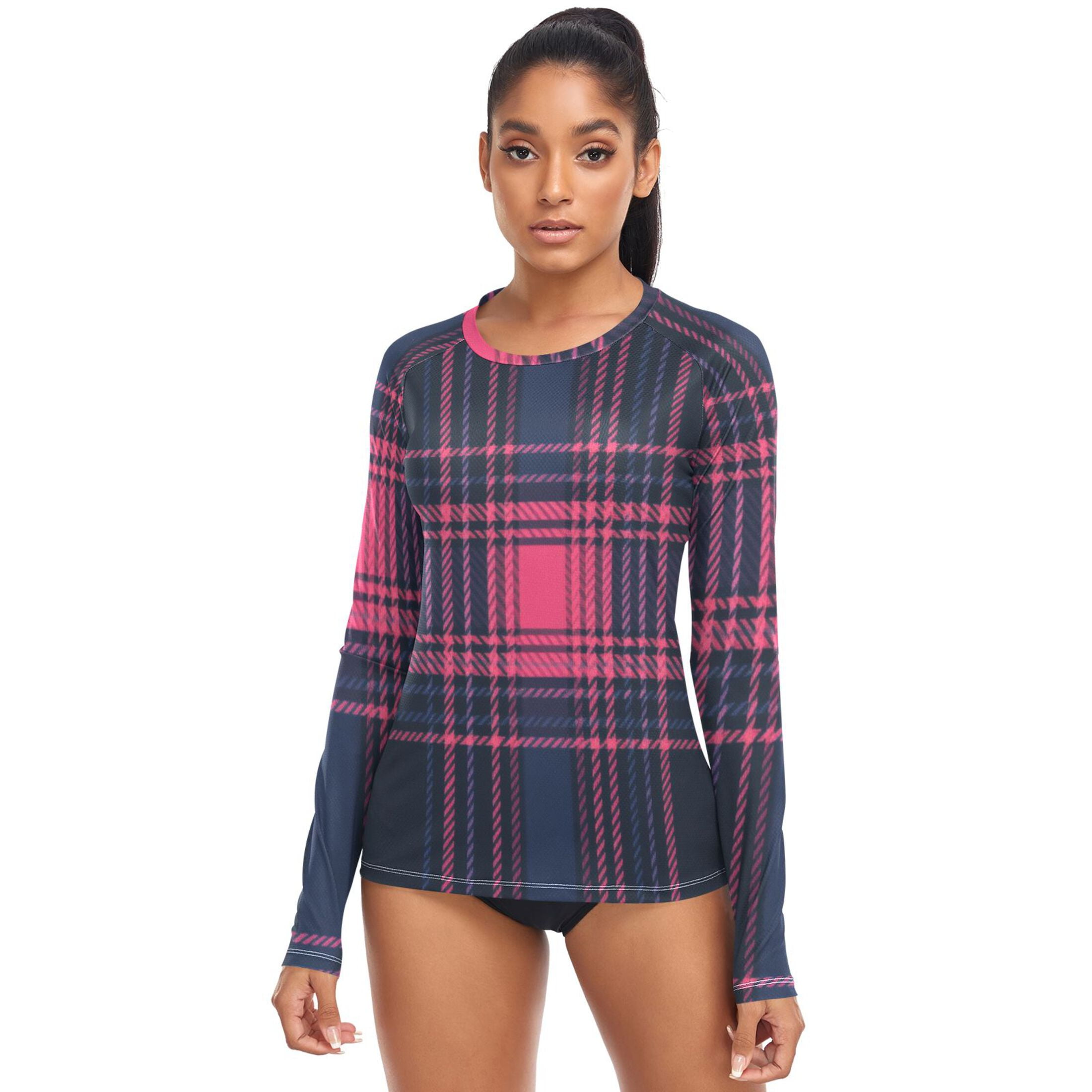 Blue Red Tartan Plaids Women's Rash Guard Shirts UPF 50+ Sun Protection ...