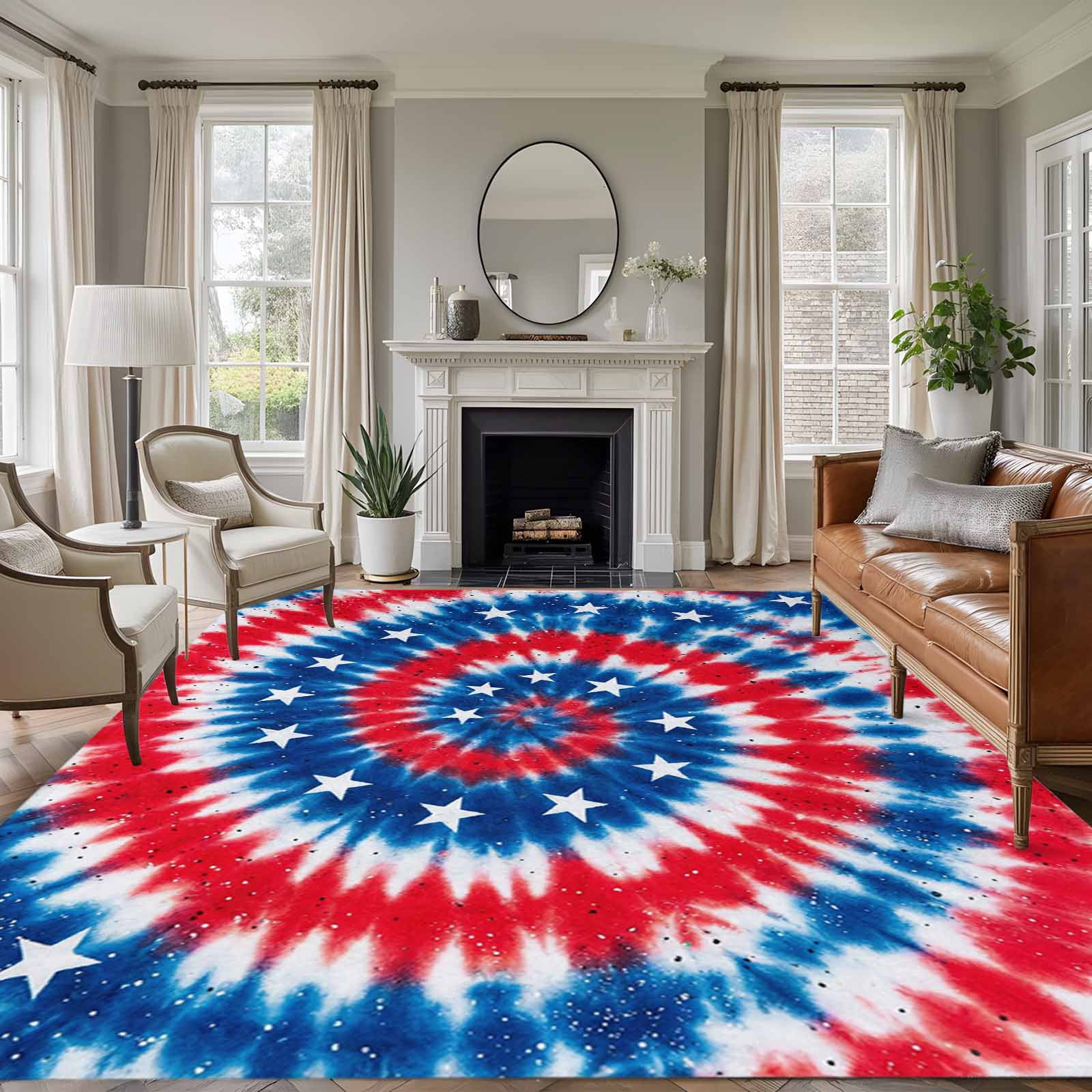 Blue Red Tie-dye Area Rugs 5'x8', Washable Small Throw Rugs for ...