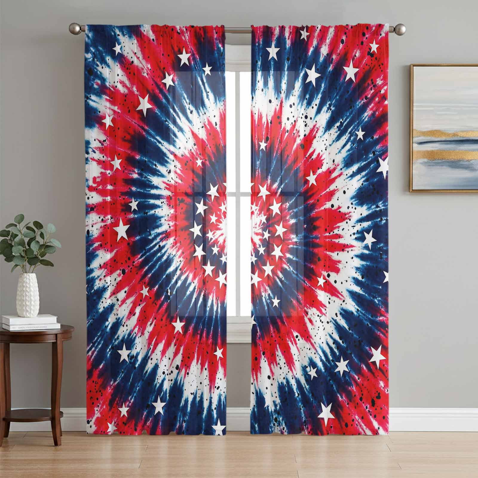 Blue Red Tie-dye Sheer Curtains 63 Inch Length 2 Panels Set ...