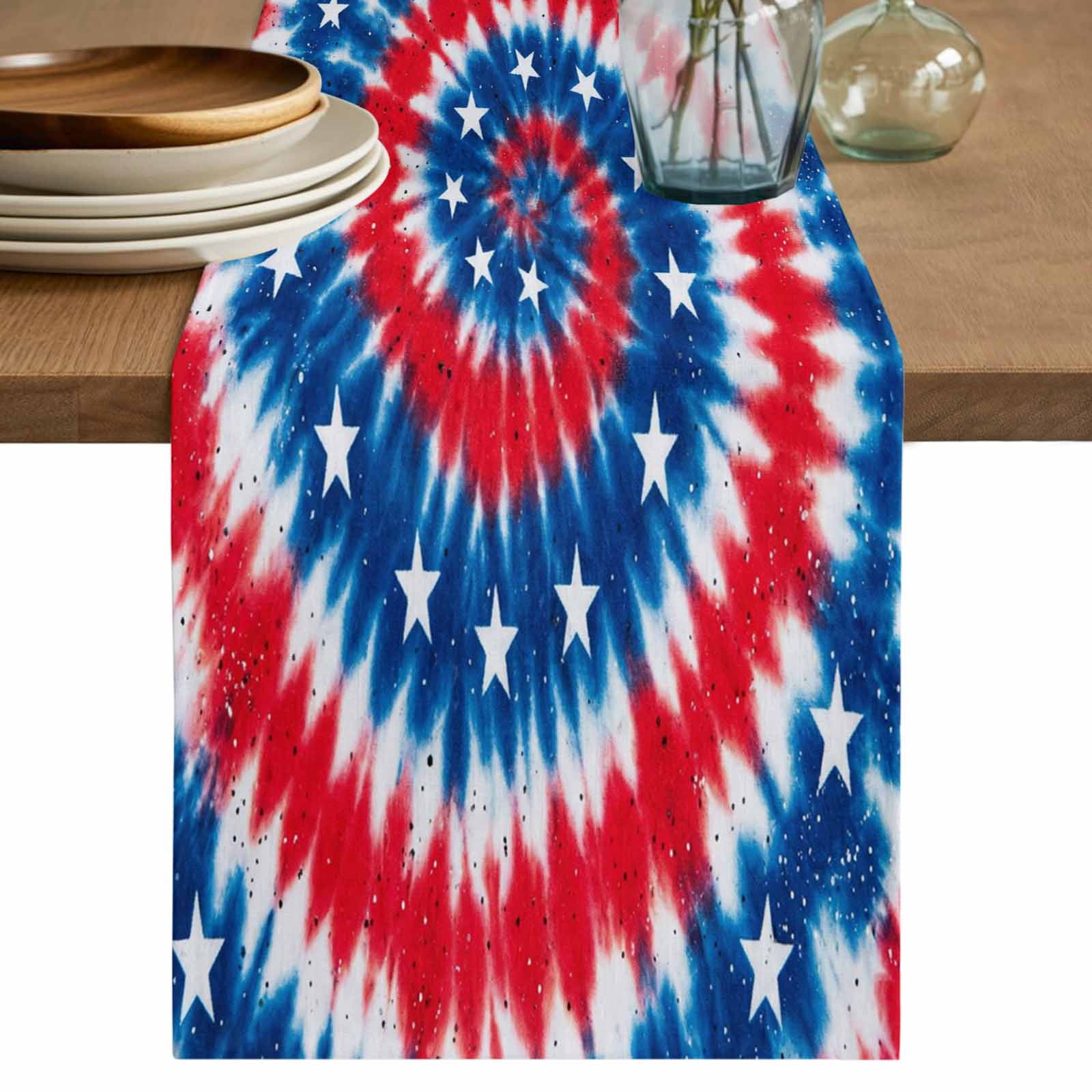 Blue Red Tie-dye Table Runner, Vintage American Stars Abstract Art ...