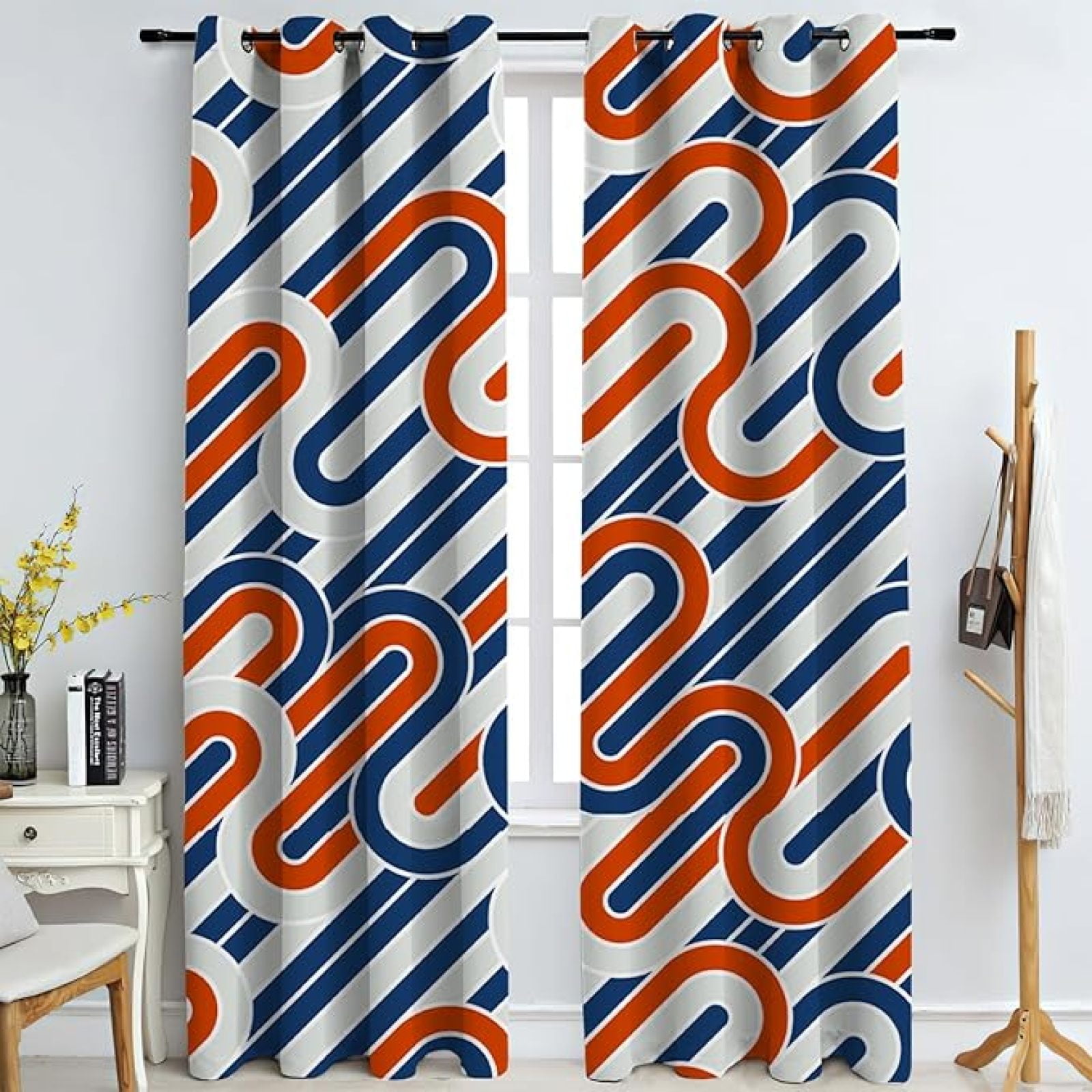 Blue Red Twisted Stripes Window Curtains, Abstract Bohemian Lines 3D ...