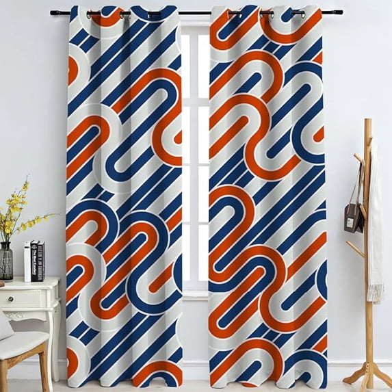 Blue Red Twisted Stripes Window Curtains, Abstract Bohemian Lines 3D ...