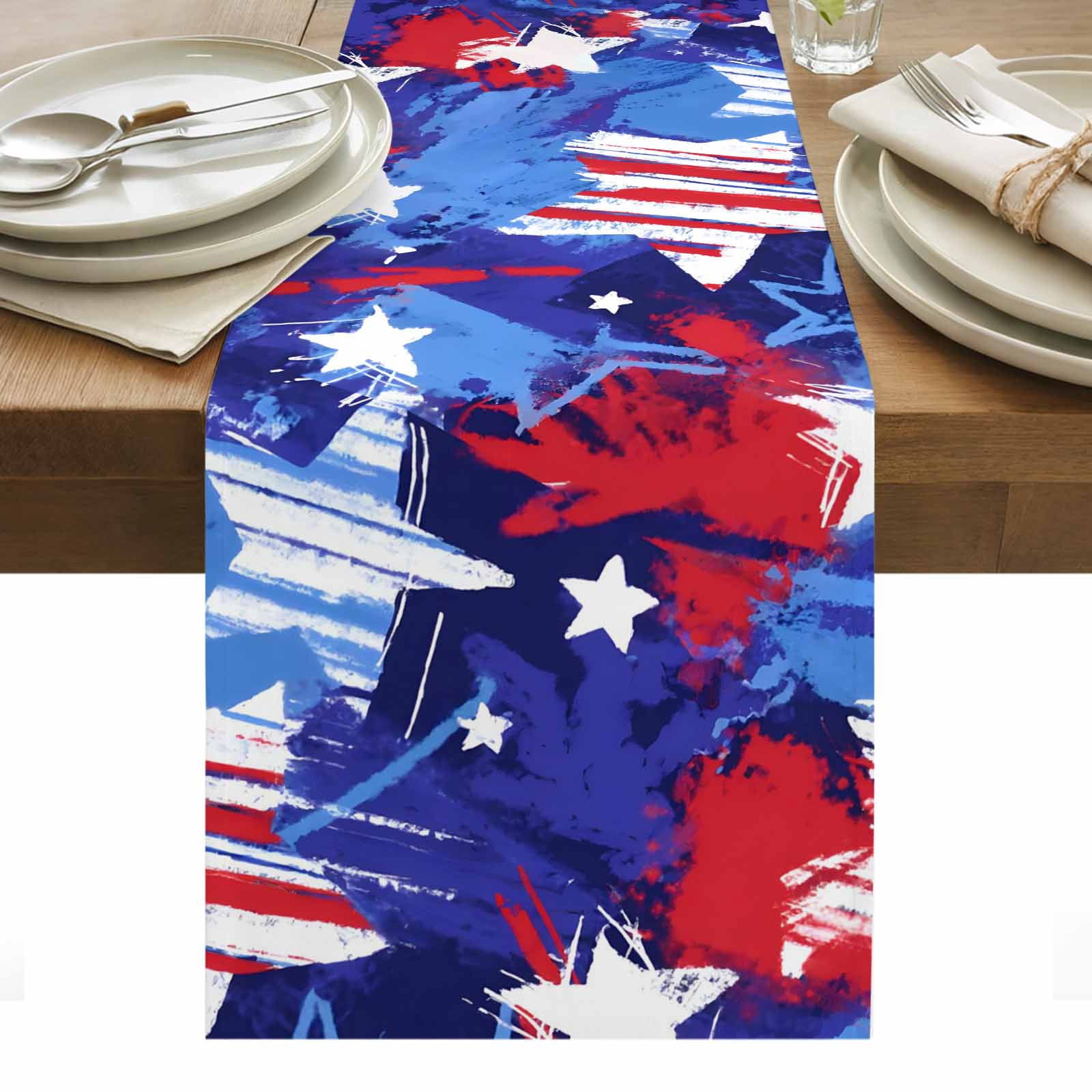 Blue Red USA Flag Table Runner Abstract Navy Blue Oil Paint 4th of July ...