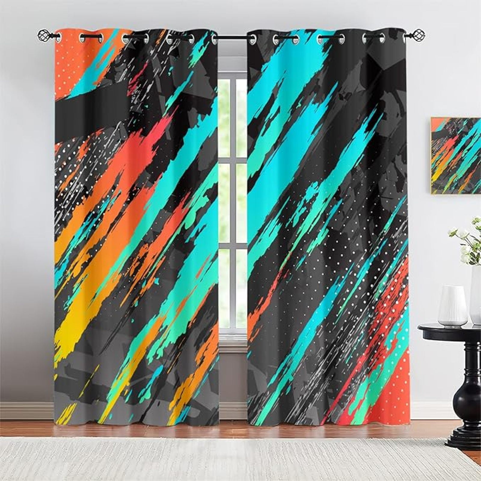 Blue Red Watercolor Texture Blackout Curtains, Abstract Geometric ...