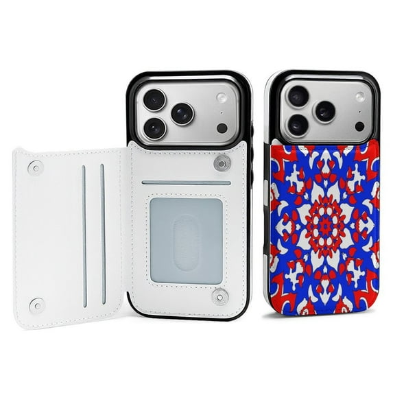 Blue Red White Pattern Leather Wallet Case for iPhone 16 Plus Wallet ...