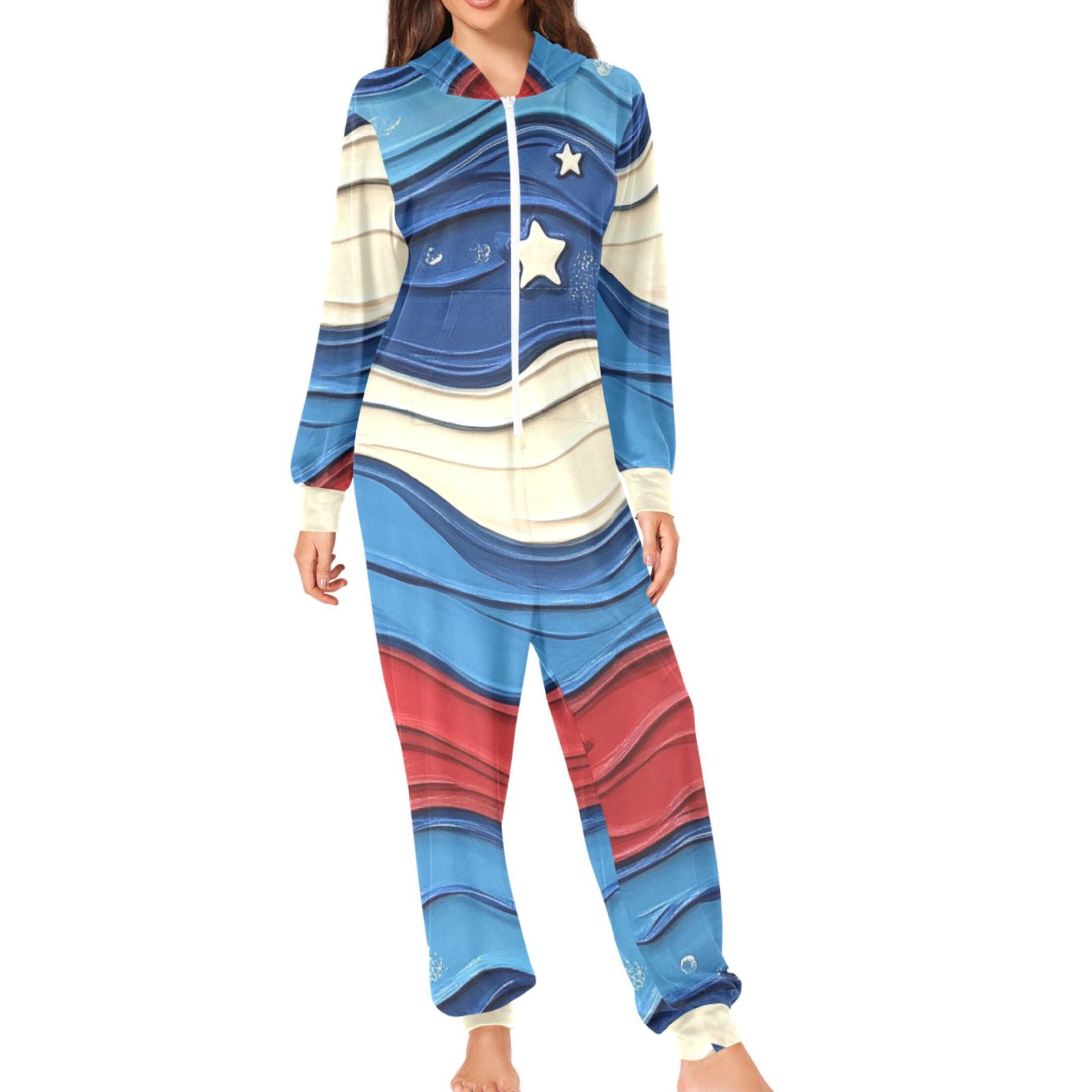Blue Red White Wavy Stars Oil Painting Adult's Hoodie Onesie Jumpsuit ...