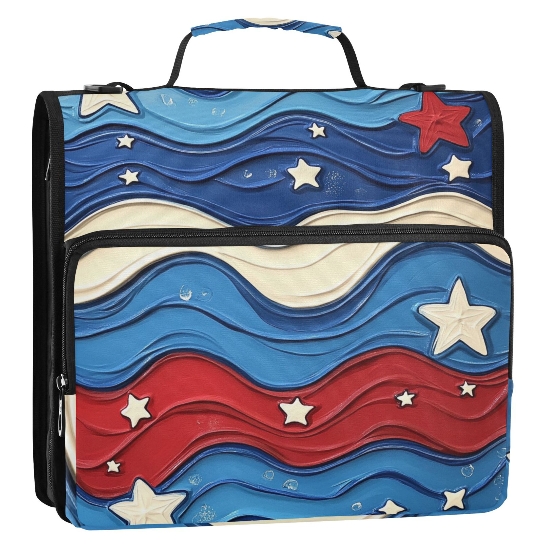 Blue Red White Wavy Stars Oil Painting Binder Bag with Shoulder Strap 3 ...