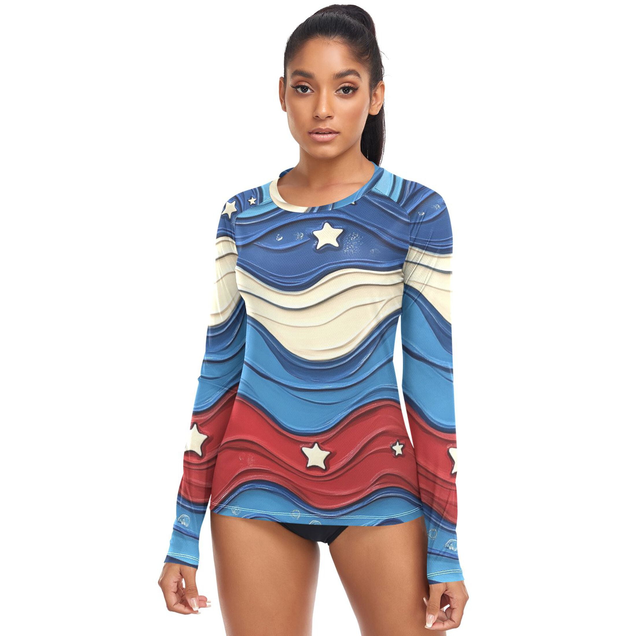 Blue Red White Wavy Stars Oil Painting Women's Rash Guard Shirts UPF 50 ...