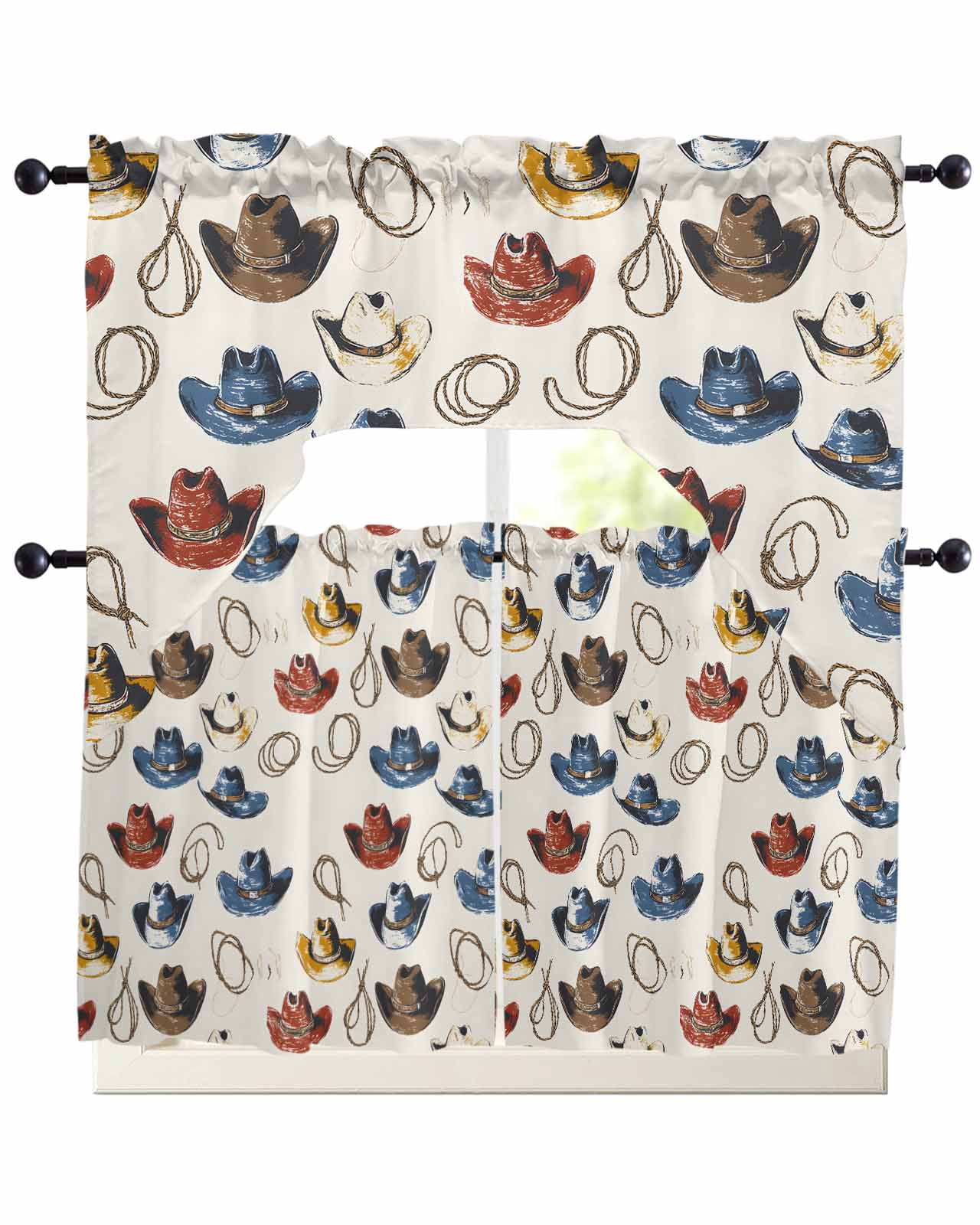 Blue Red Yellow Kitchen Curtains Set for Windows 3 Piece Cafe Curtains ...