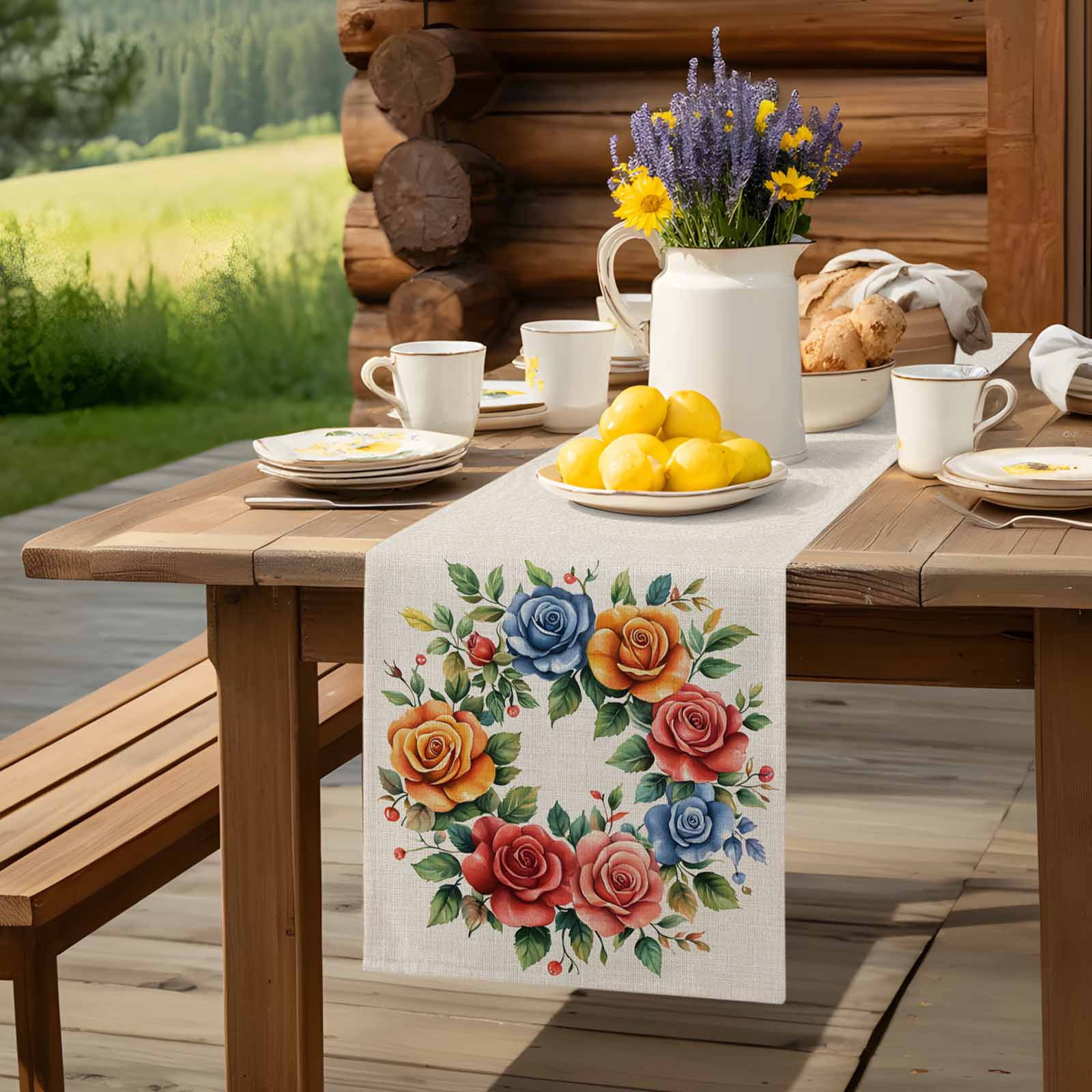 Blue Red Yellow Rose Flower on Linen Table Runner 13x48in Non-Slip ...