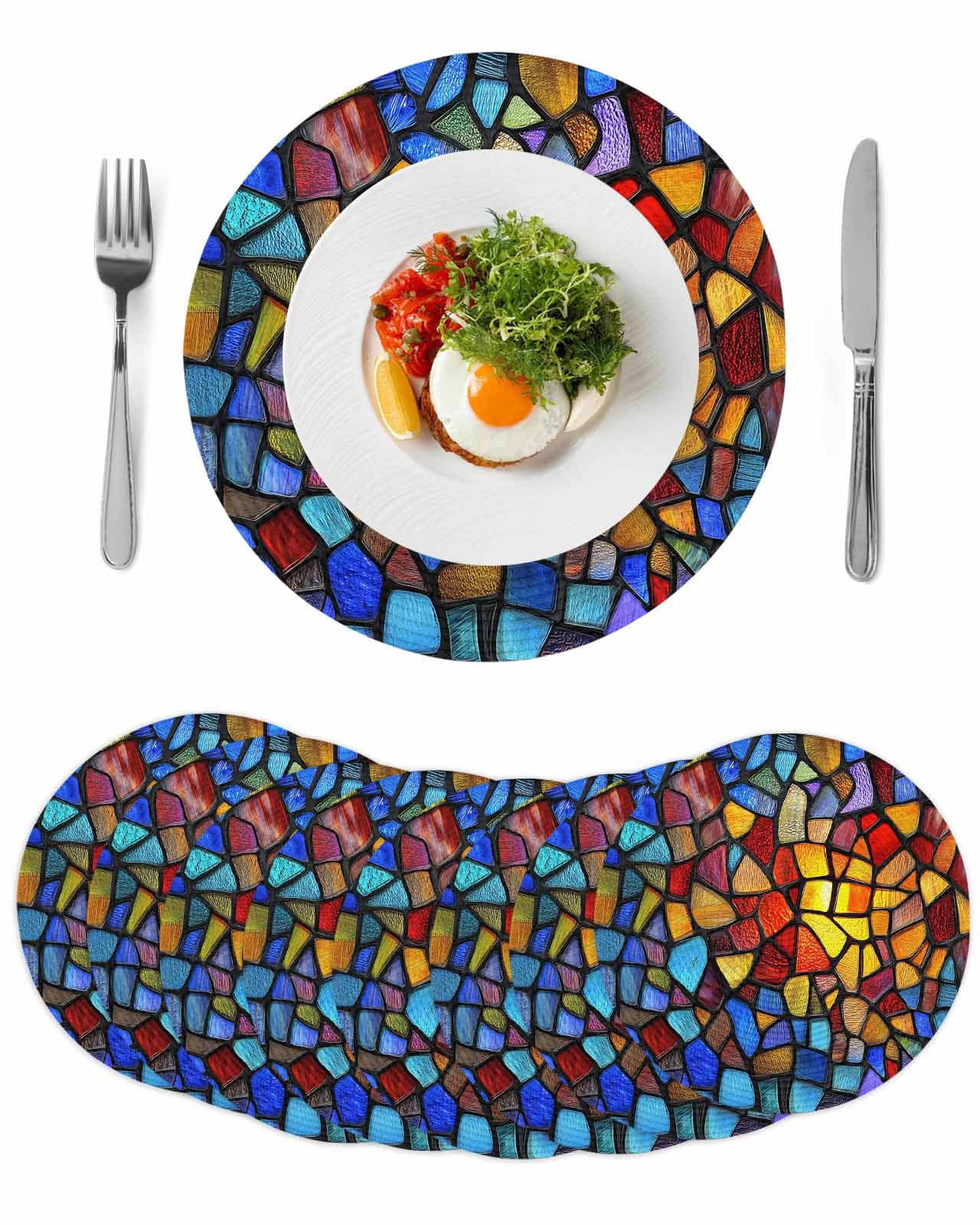 Blue Red Yellow Round 13 Inch Placemats Set of 8, Modern Colored ...