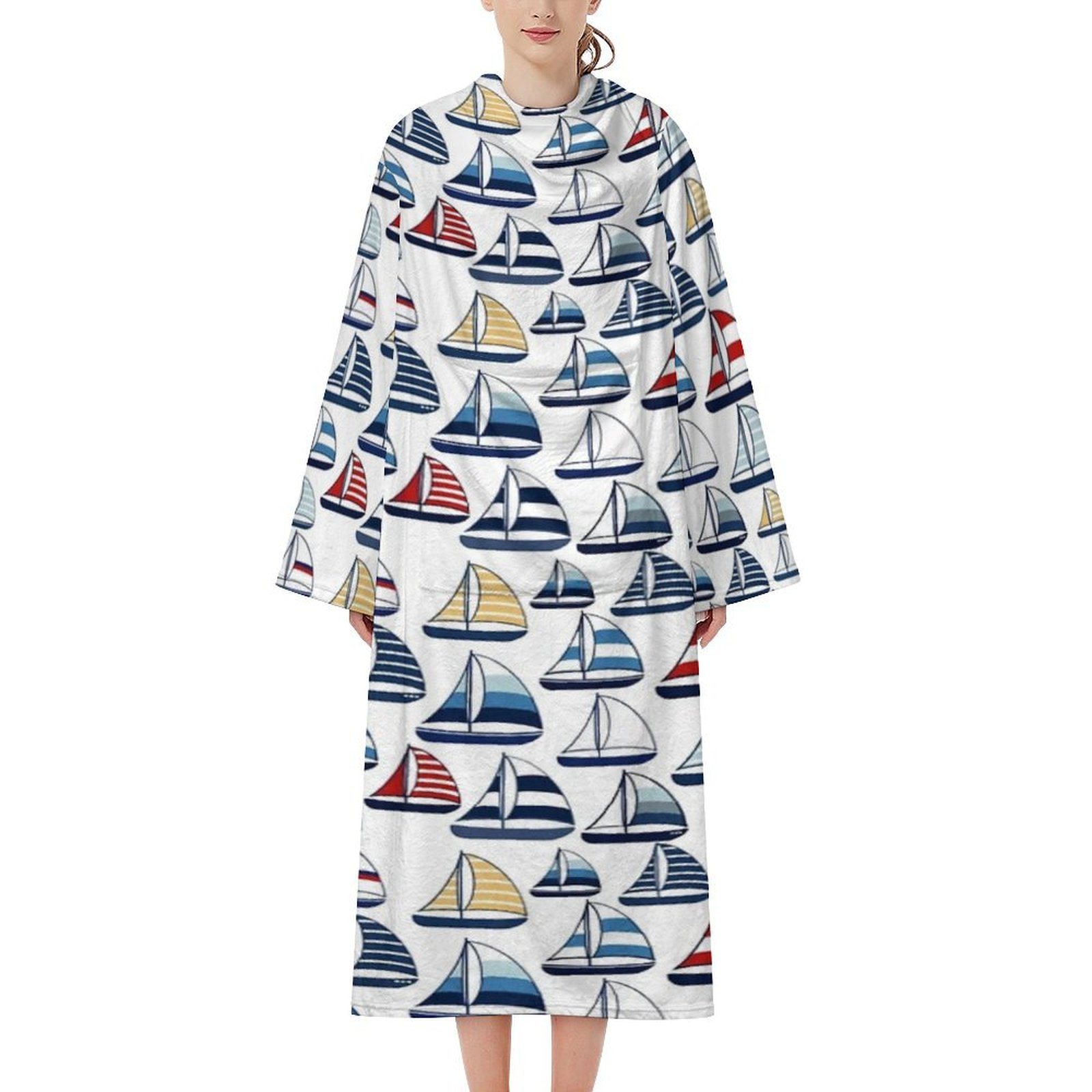 Blue, Red, Yellow Sailboat Pattern Bathrobe Plush Bathrobe Cozy Unisex ...