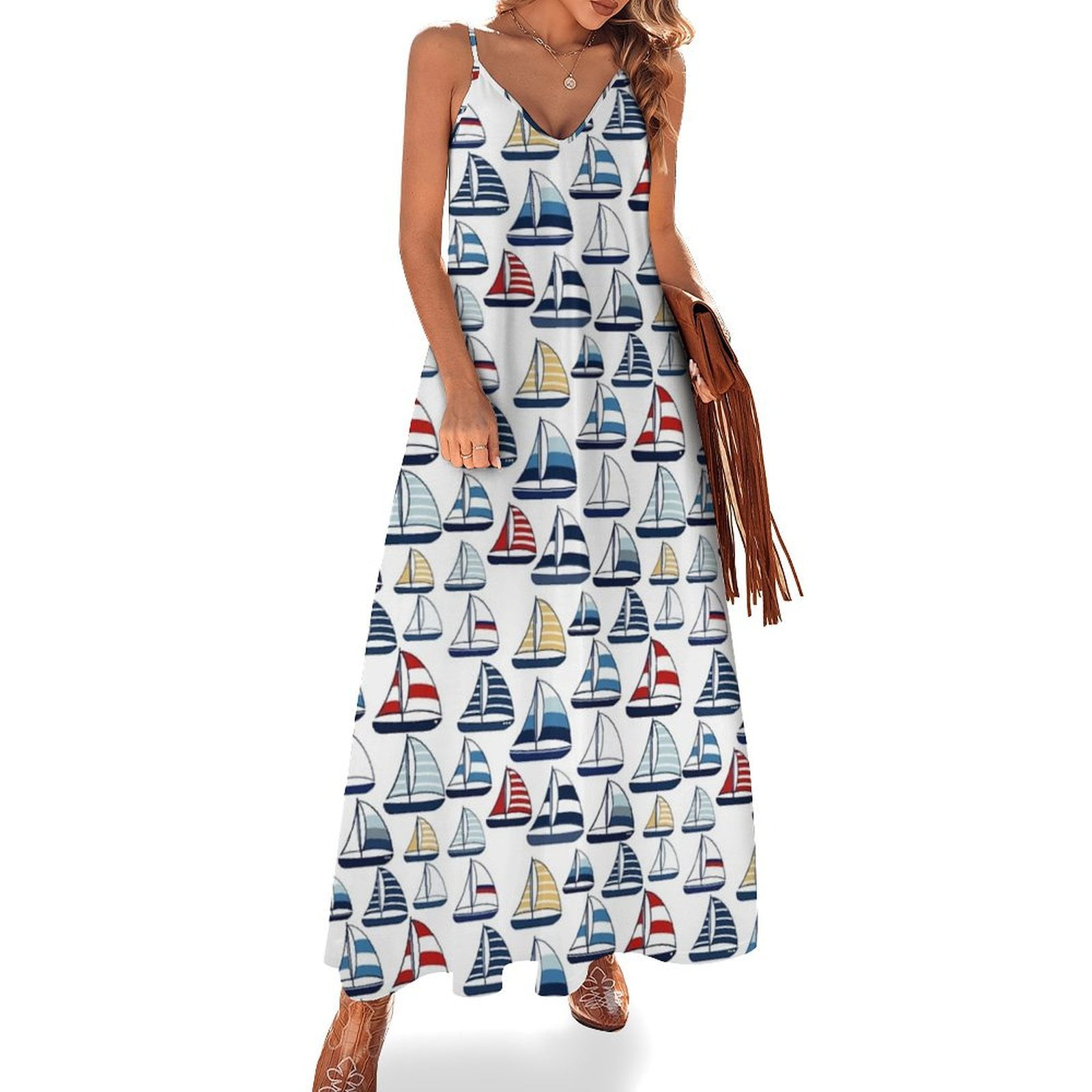 Blue, Red, Yellow Sailboat Pattern Sleeveless Dress Loose Women's Dress ...