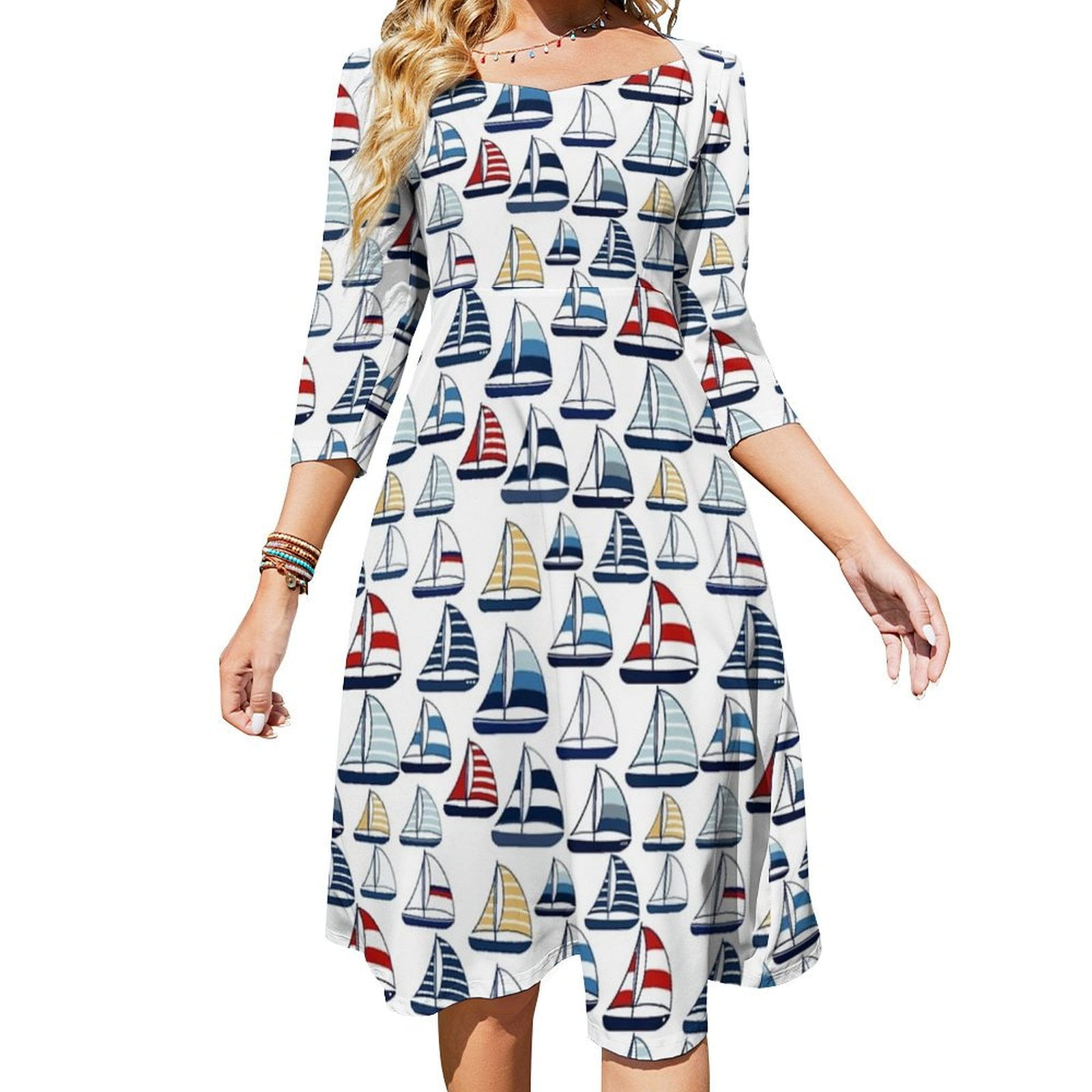 Blue, Red, Yellow Sailboat Pattern Sweetheart Knot Flared Dress Fashion ...