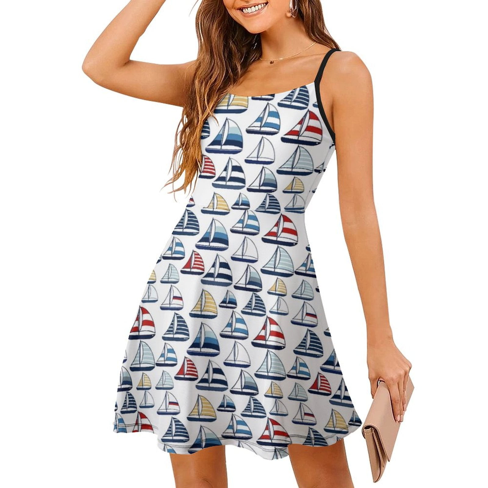 Blue, Red, Yellow Sailboat Pattern Women's Sleeveless Spaghetti Strap ...